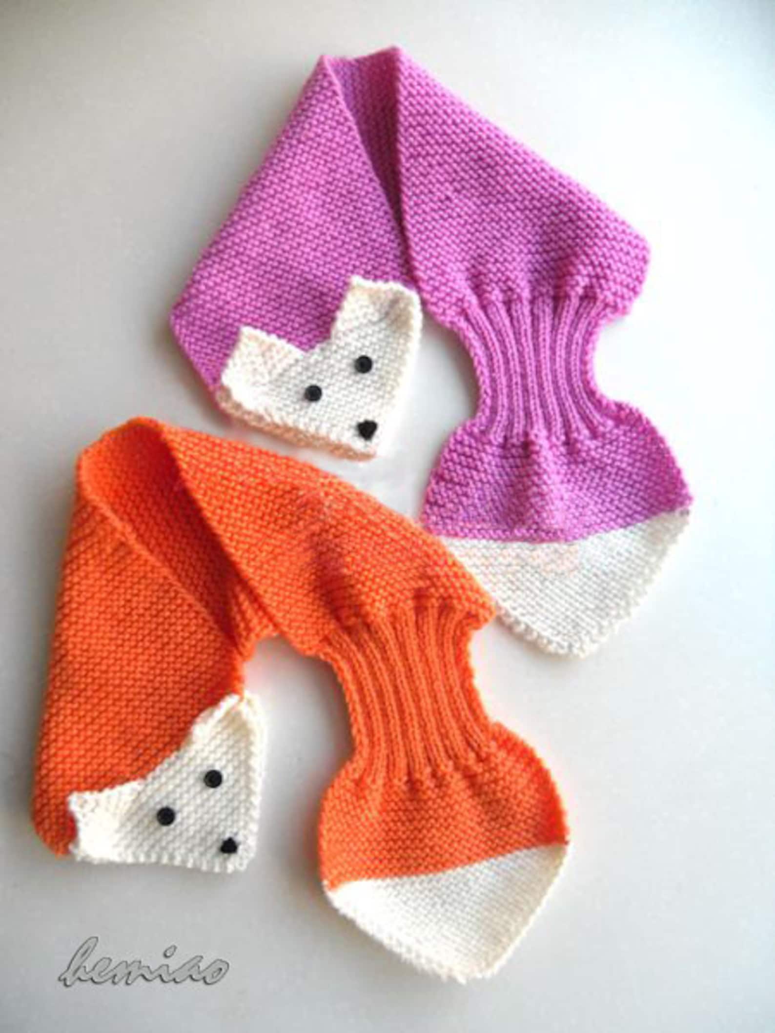 Hand Knit Fox Scarf, Kid /adults Scarf, Orange/ Purple Knit Fox Scarf ...