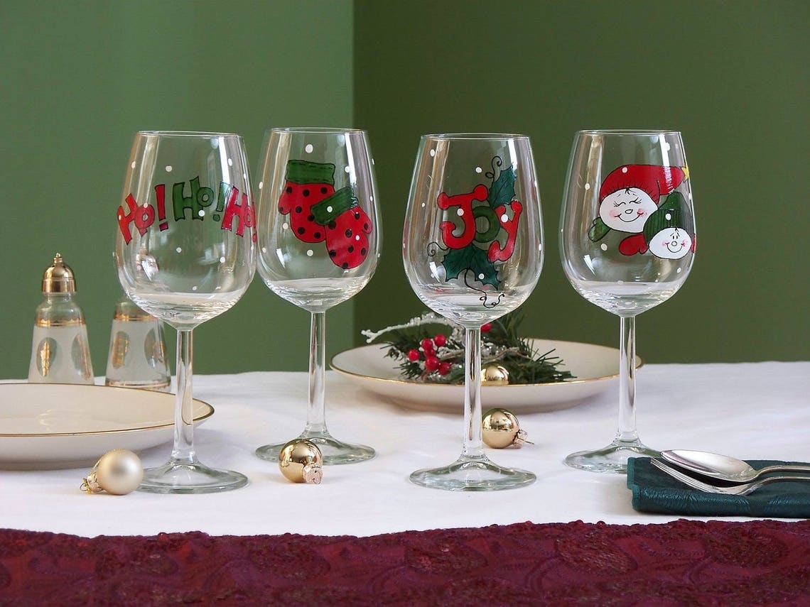 Painted Christmas Wine Glasses, Set of Four Different Christmas Designs ...