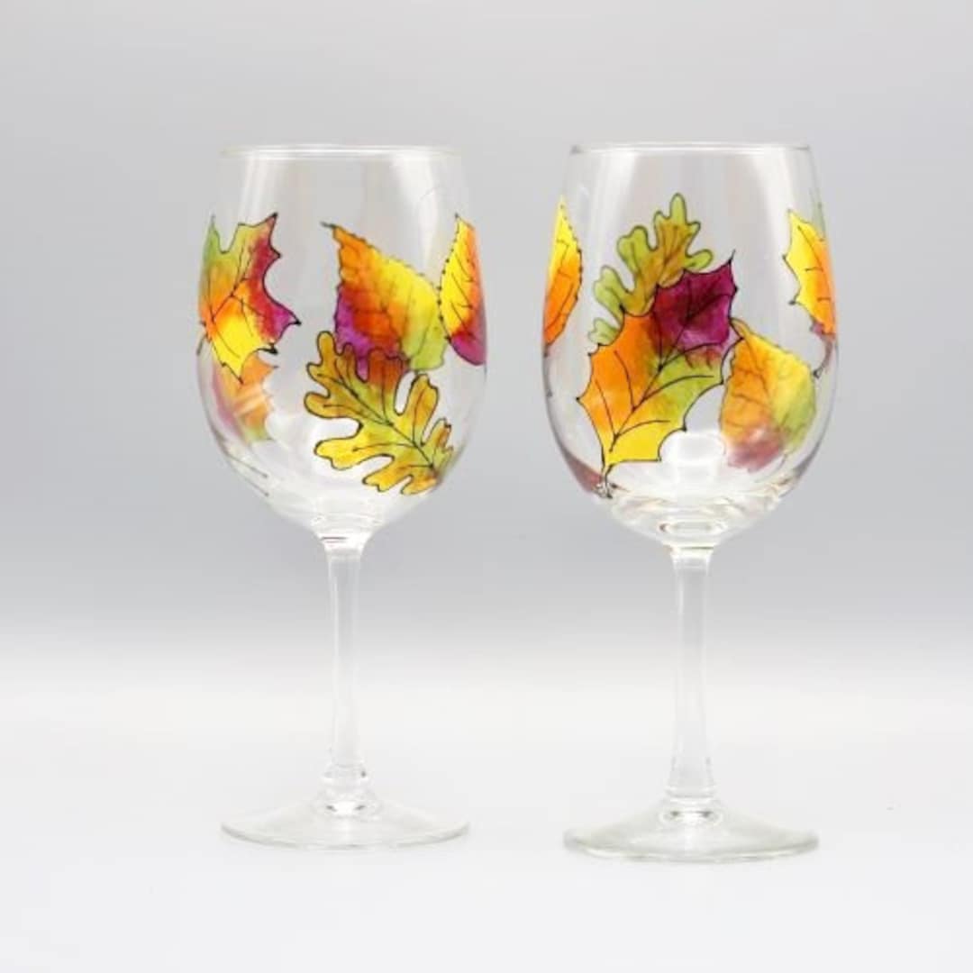 Hand Painted Fall Leaves Wine Glasses With Vibrant Fall Leaves Design ...