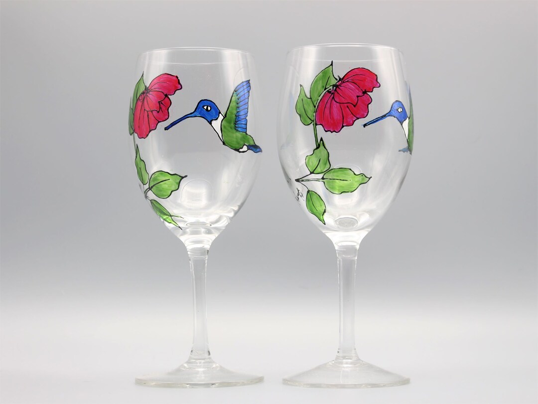 Hand Painted Hummingbird Wine Glasses Hummingbird and Flower - Etsy