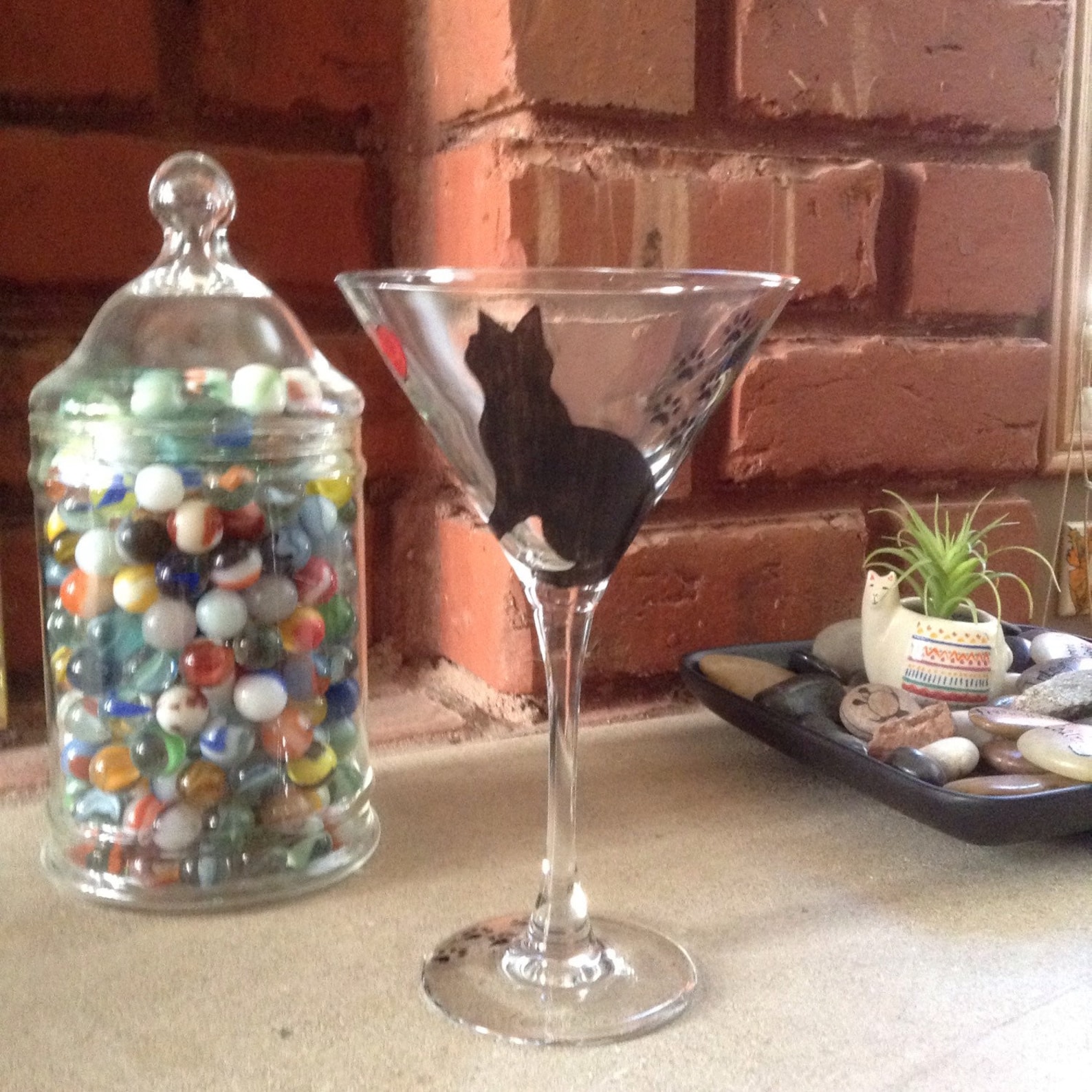 Hand Painted Cat Martini Glass, Painted Cat Silhouette Martini Glass ...