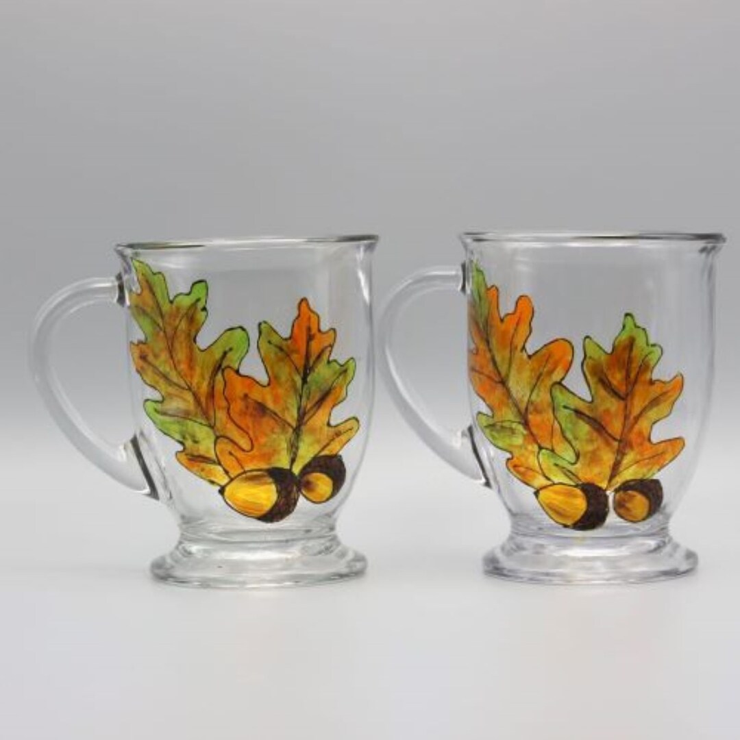 Painted Fall Coffee Mugs With Large Oak Leaves - Painted in Blended ...