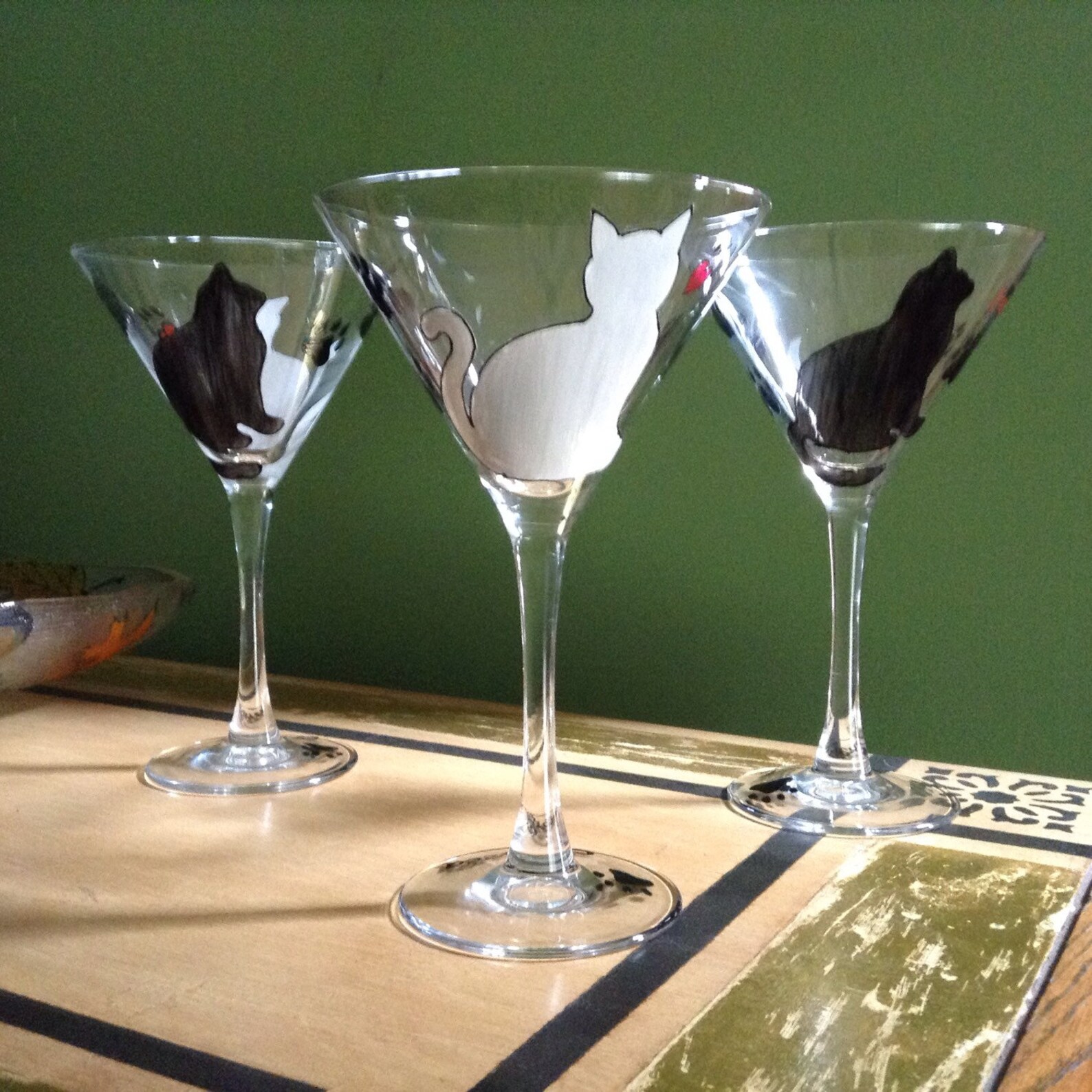 Hand Painted Cat Martini Glass, Painted Cat Silhouette Martini Glass ...
