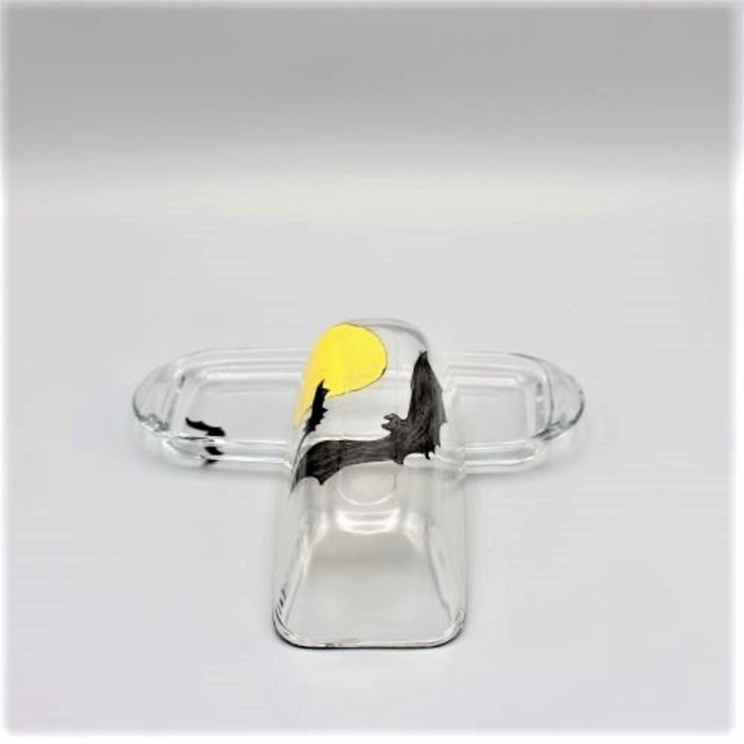 Halloween Butter Dish Scary Bat and Moon Design Painted Halloween ...