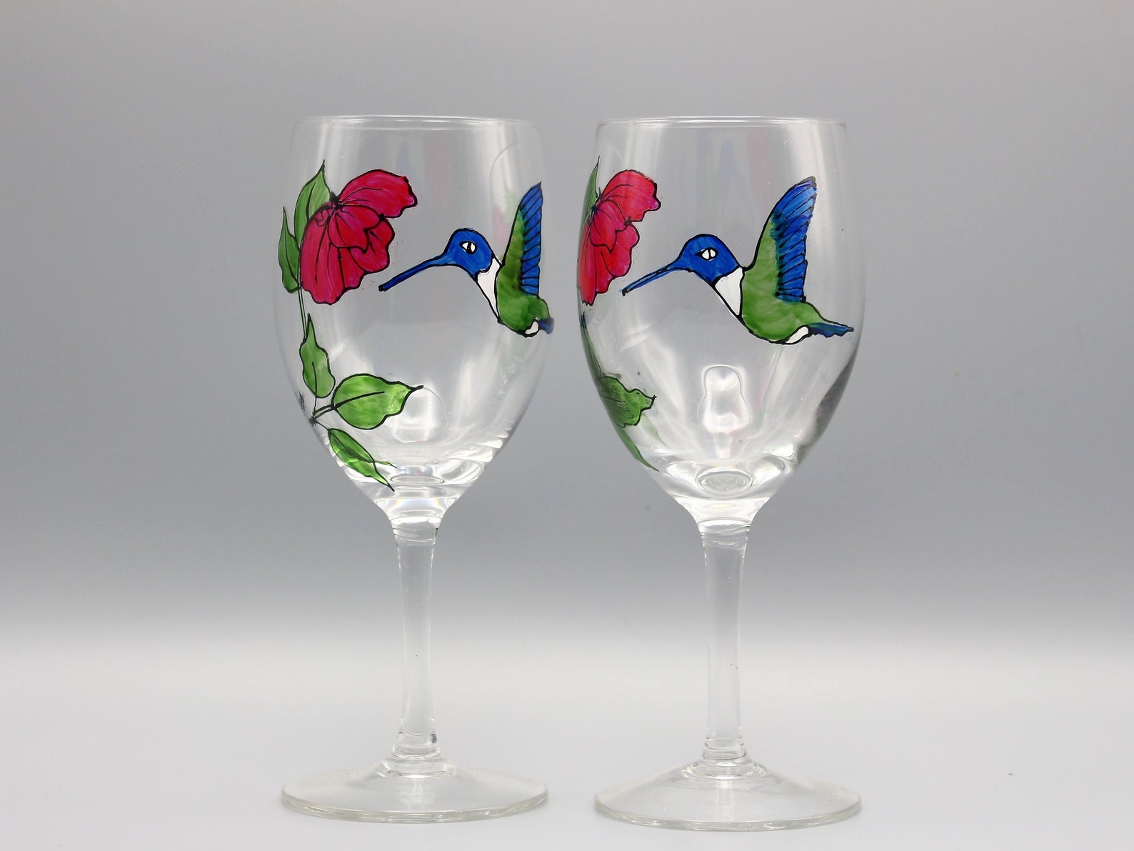 Hand Painted Hummingbird Wine Glasses Hummingbird and Flower | Etsy