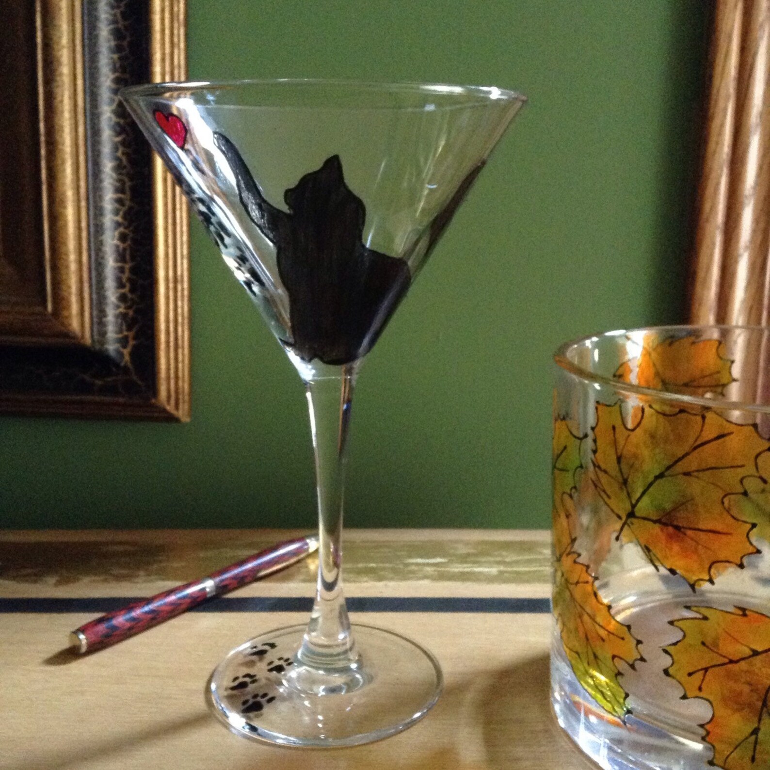 Hand Painted Cat Martini Glass, Painted Cat Silhouette Martini Glass ...