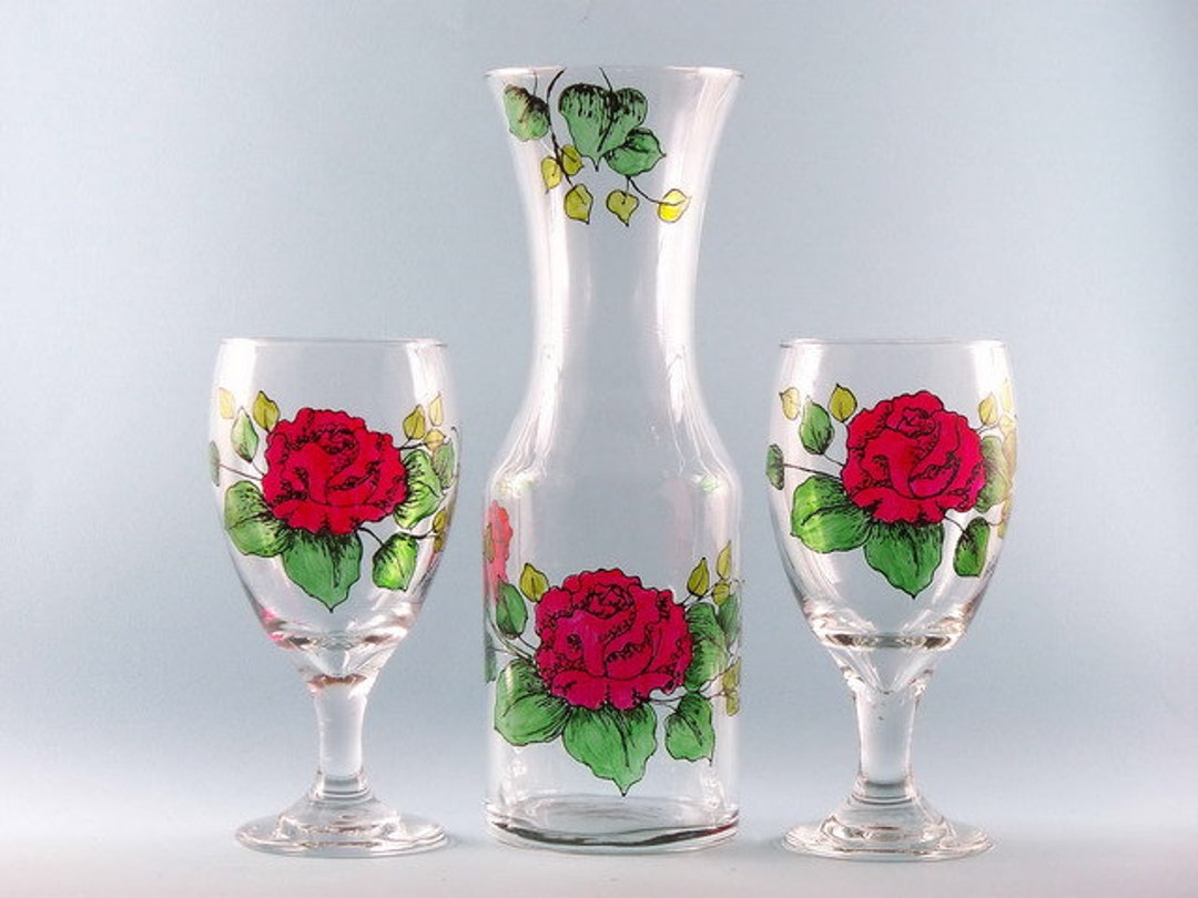 Wedding Gift Set, Painted Goblet Glasses and Carafe, Beautiful Rose ...