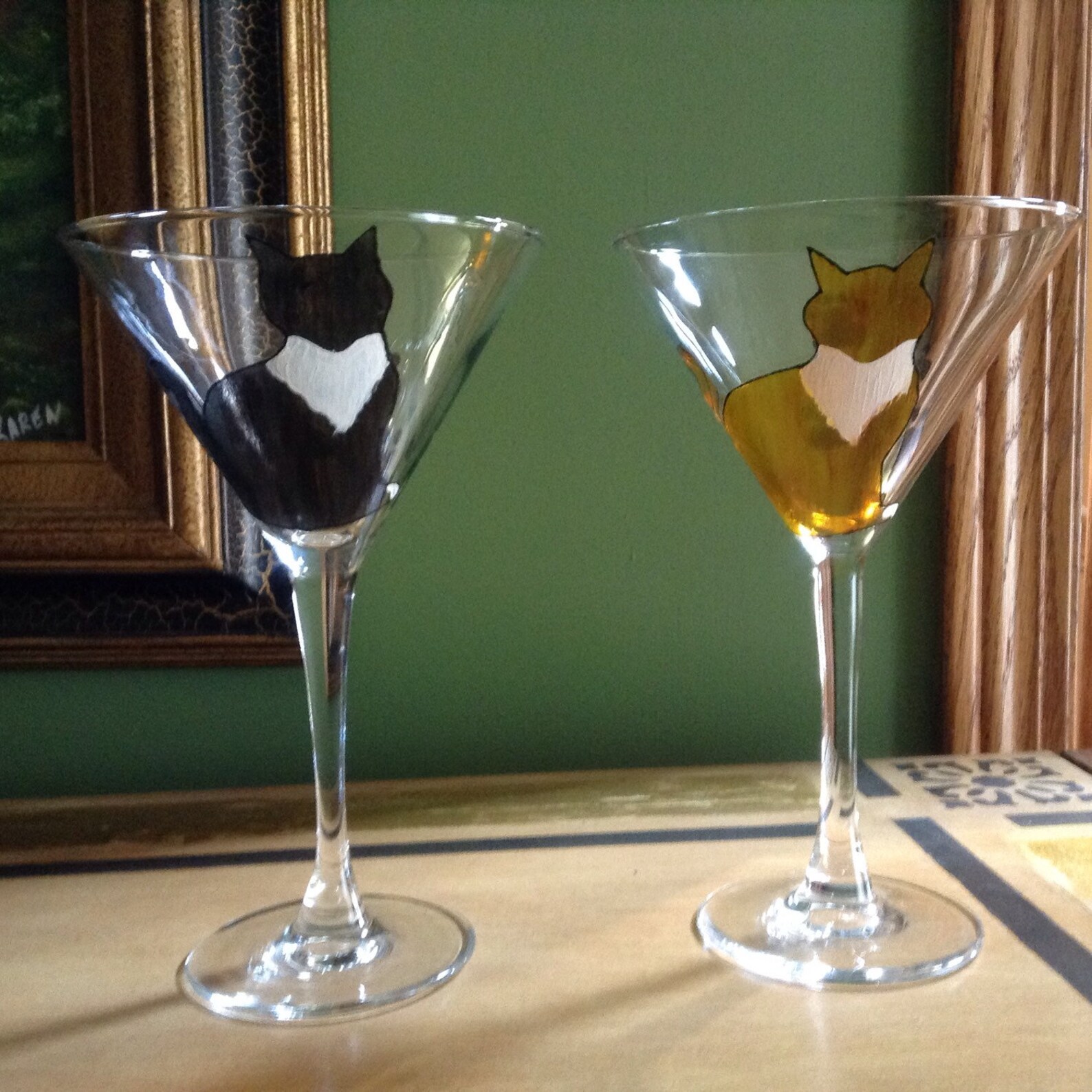 Hand Painted Cat Martini Glass, Painted Cat Silhouette Martini Glass ...