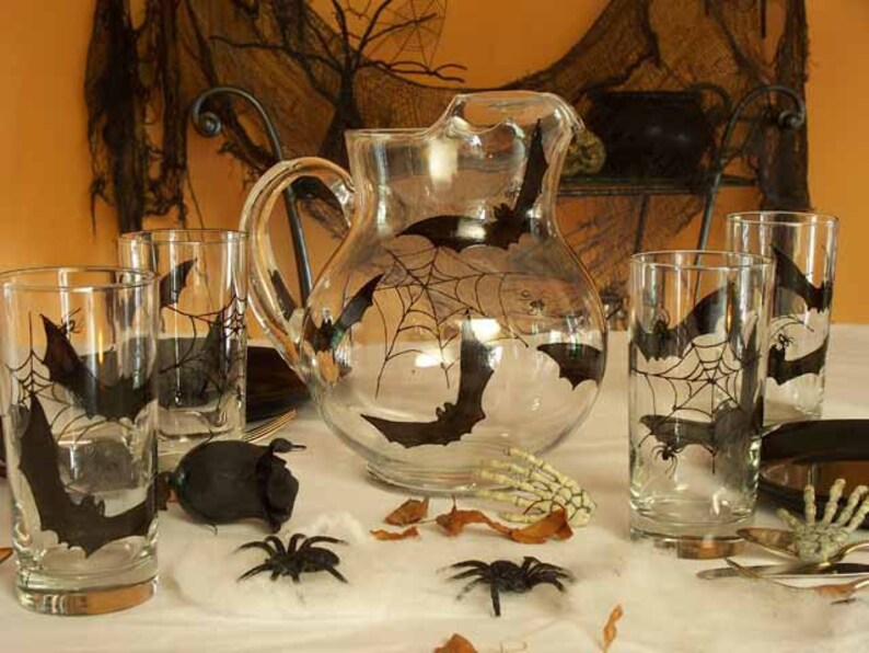 Painted Halloween Pitcher, Spooky Halloween Design, Scary Bats and ...