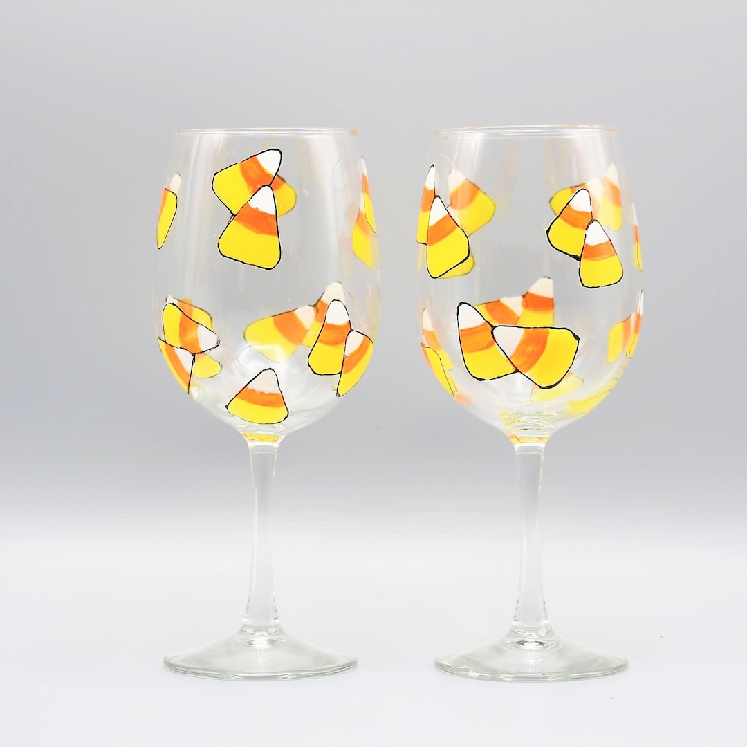 Hand Painted Candy Corn Wine Glasses - Fall Themed Glassware - Festive ...