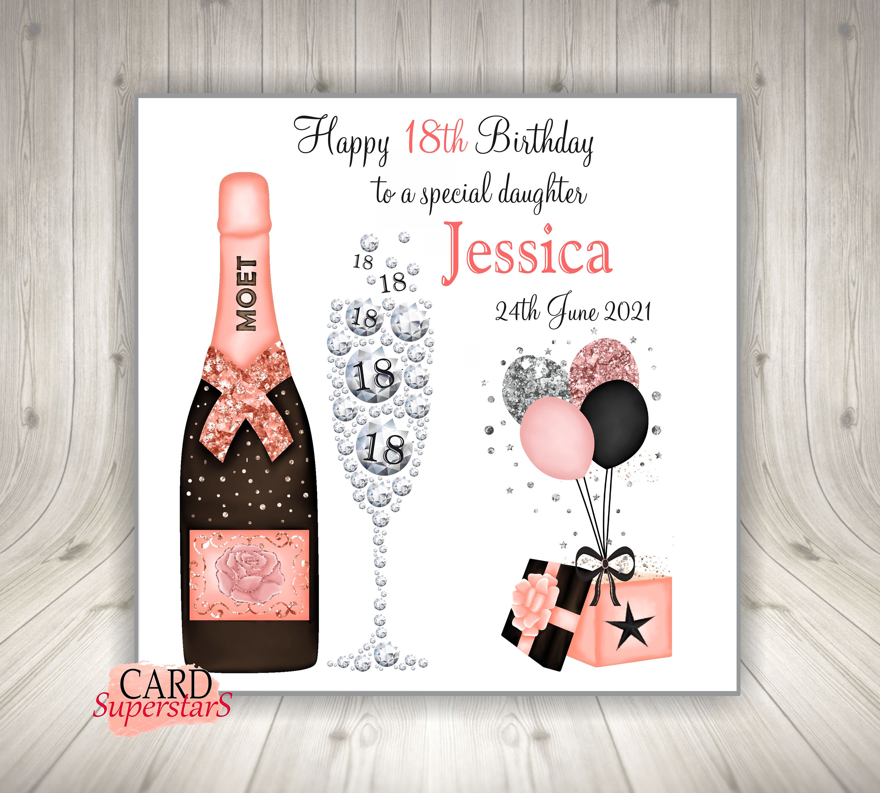 Large 8" Personalised Handmade Champagne Birthday Card 18th 21st 30th ...