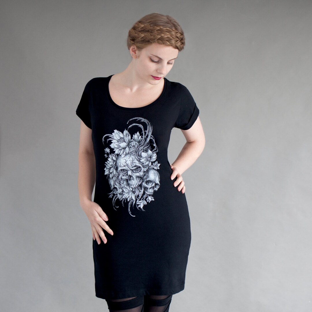 Skull Tee-shirt Skull Tunic Skull Long Top Skull and Flower Tee Organic ...