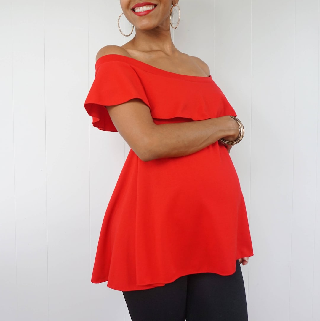 Maternity Tops - Red off Shoulder Top With Ruffle Detail - Red Top With ...