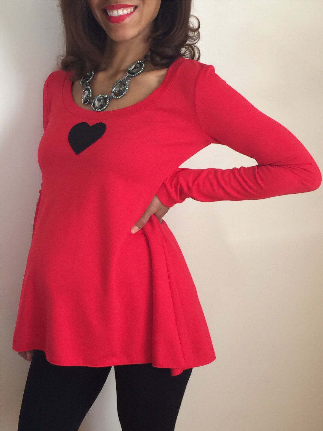 Red Maternity Top With Heart - Long Sleeve Top - Scoop Neck Maternity ...