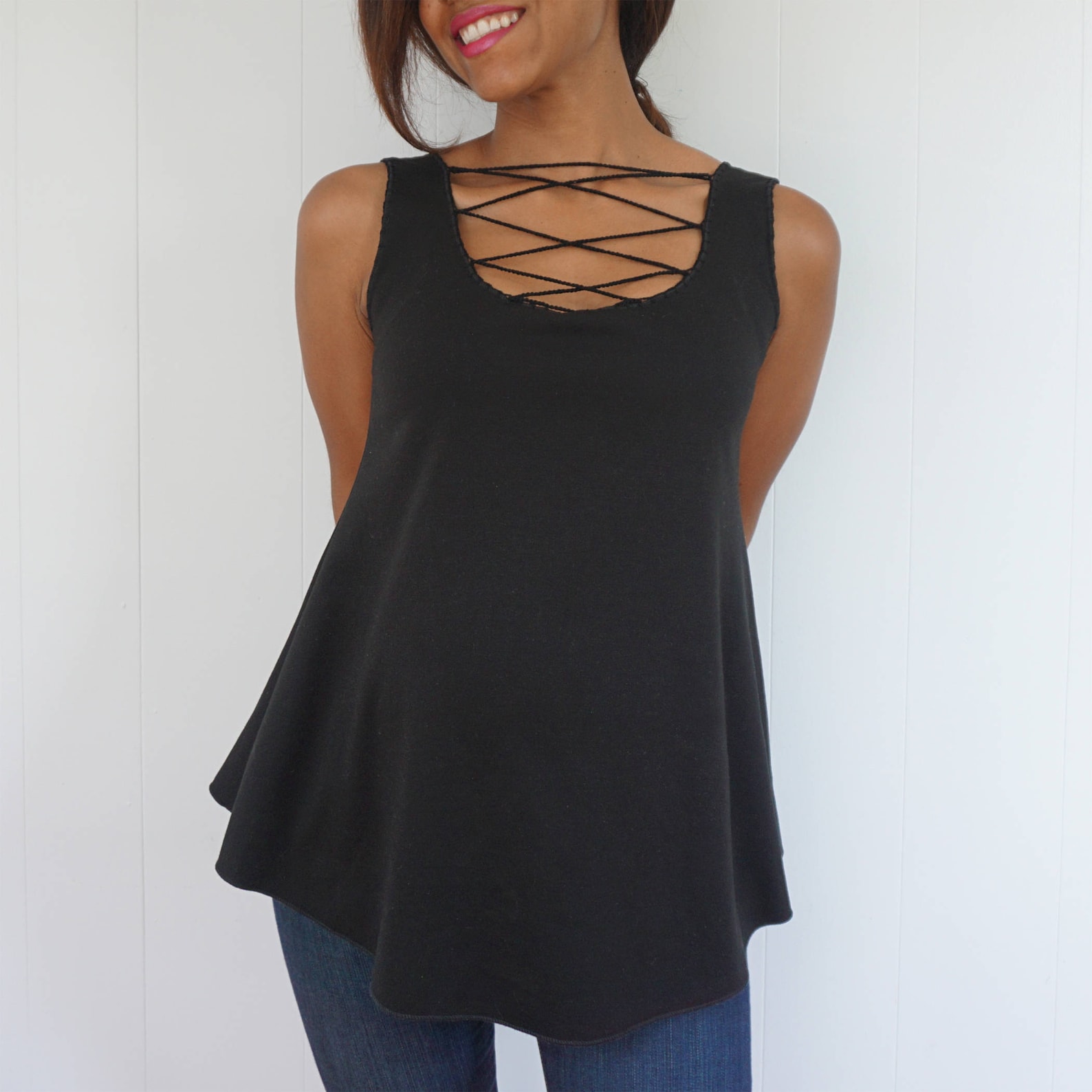 Sleeveless Maternity Top With Lace up Front - Black Boho Lace up Top ...