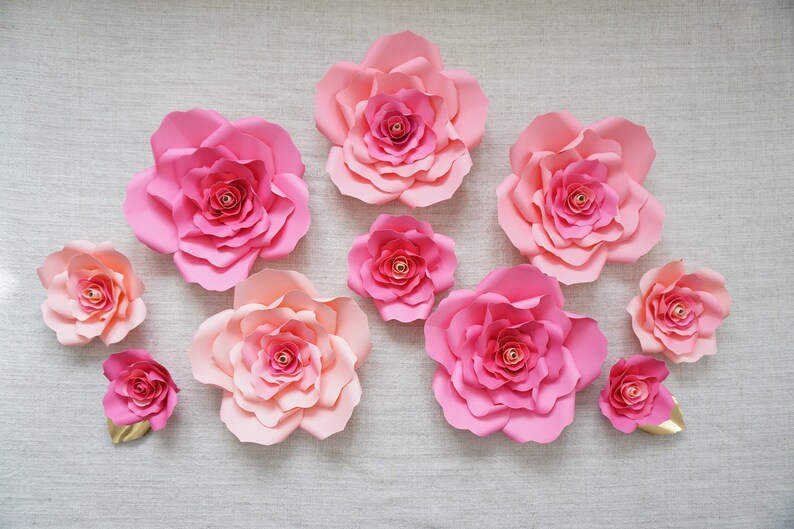 Pink Paper Flower Set - Pink Paper Roses With Gold Detail - Floral ...