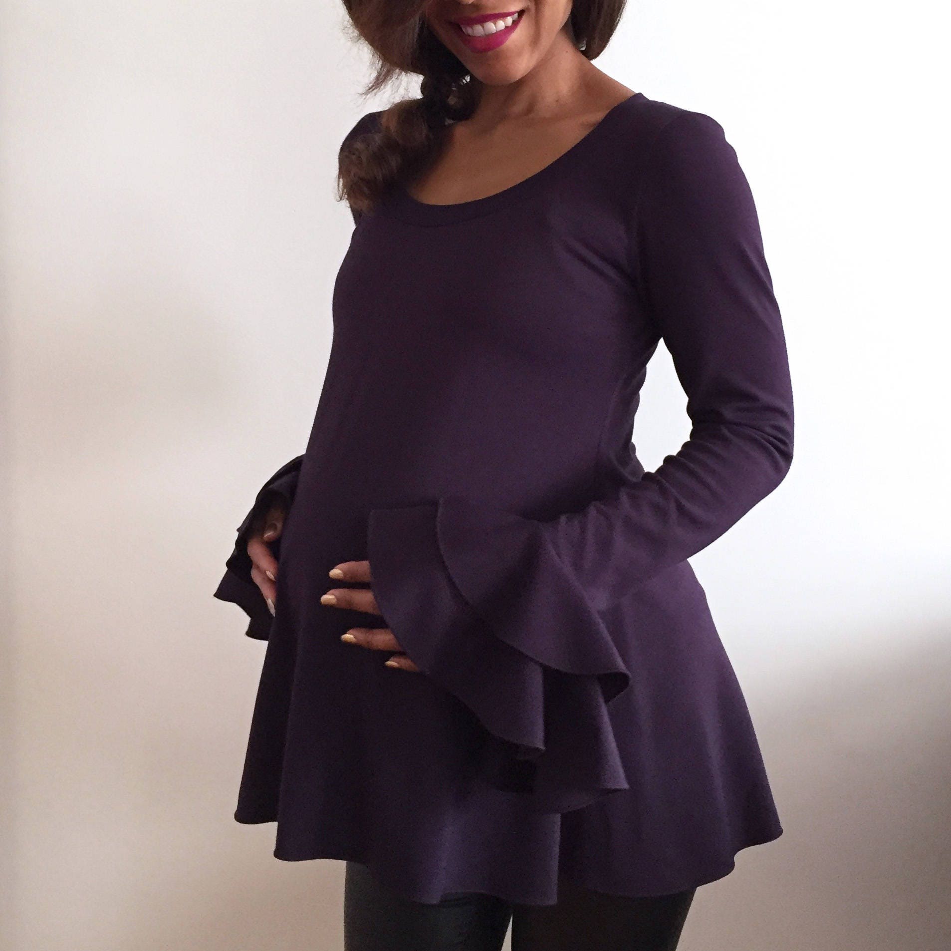 Maternity Top - Red Flare Sleeve Top - Long Sleeve Shirt With Ruffles ...