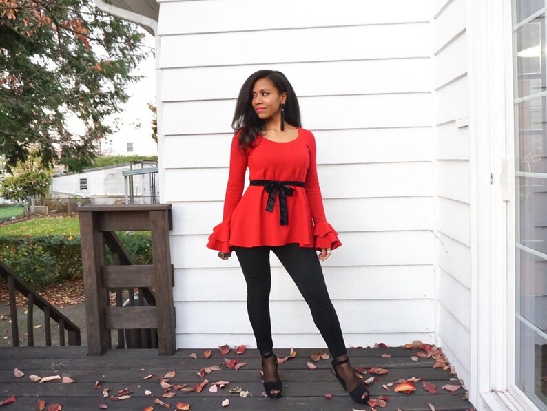 Maternity Top - Red Flare Sleeve Top - Long Sleeve Shirt With Ruffles ...