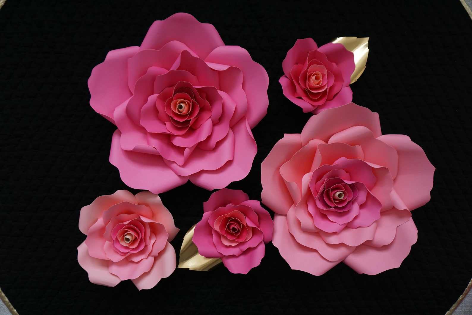 Pink Paper Flower Set Pink Paper Roses With Gold Detail - Etsy