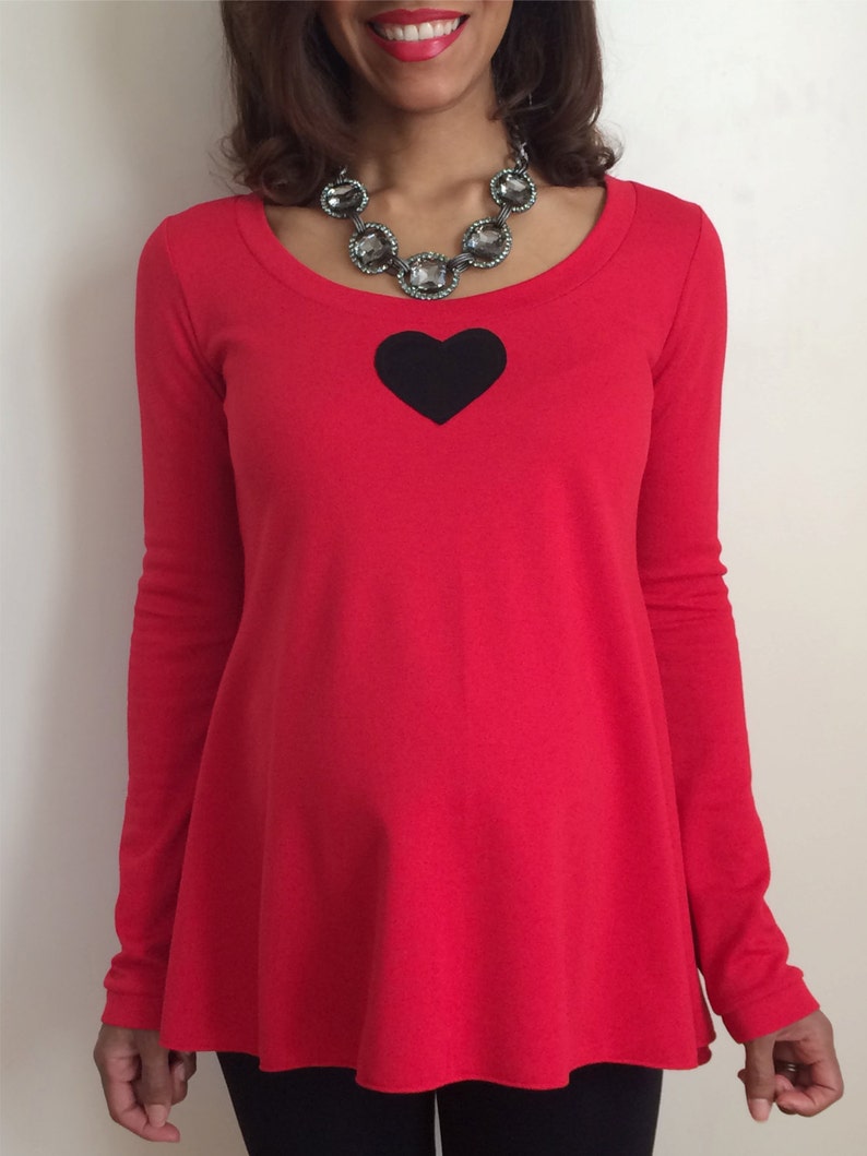 Red Maternity Top With Heart - Long Sleeve Top - Scoop Neck Maternity ...