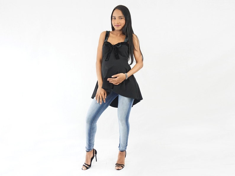 Black Swing Top With Velvet Bow Detail - Maternity-friendly Dressy ...