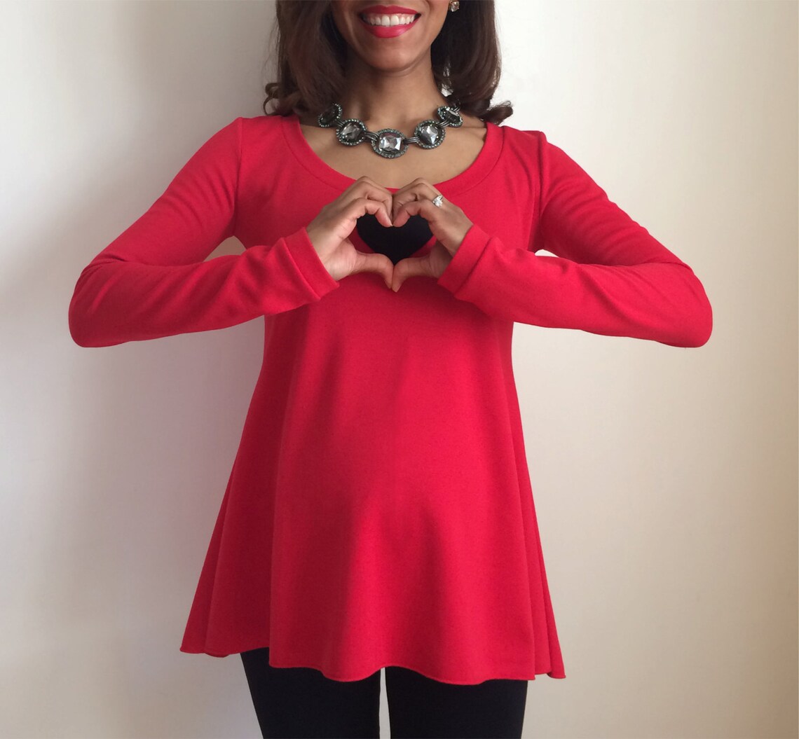 Red Maternity Top With Heart - Long Sleeve Top - Scoop Neck Maternity ...