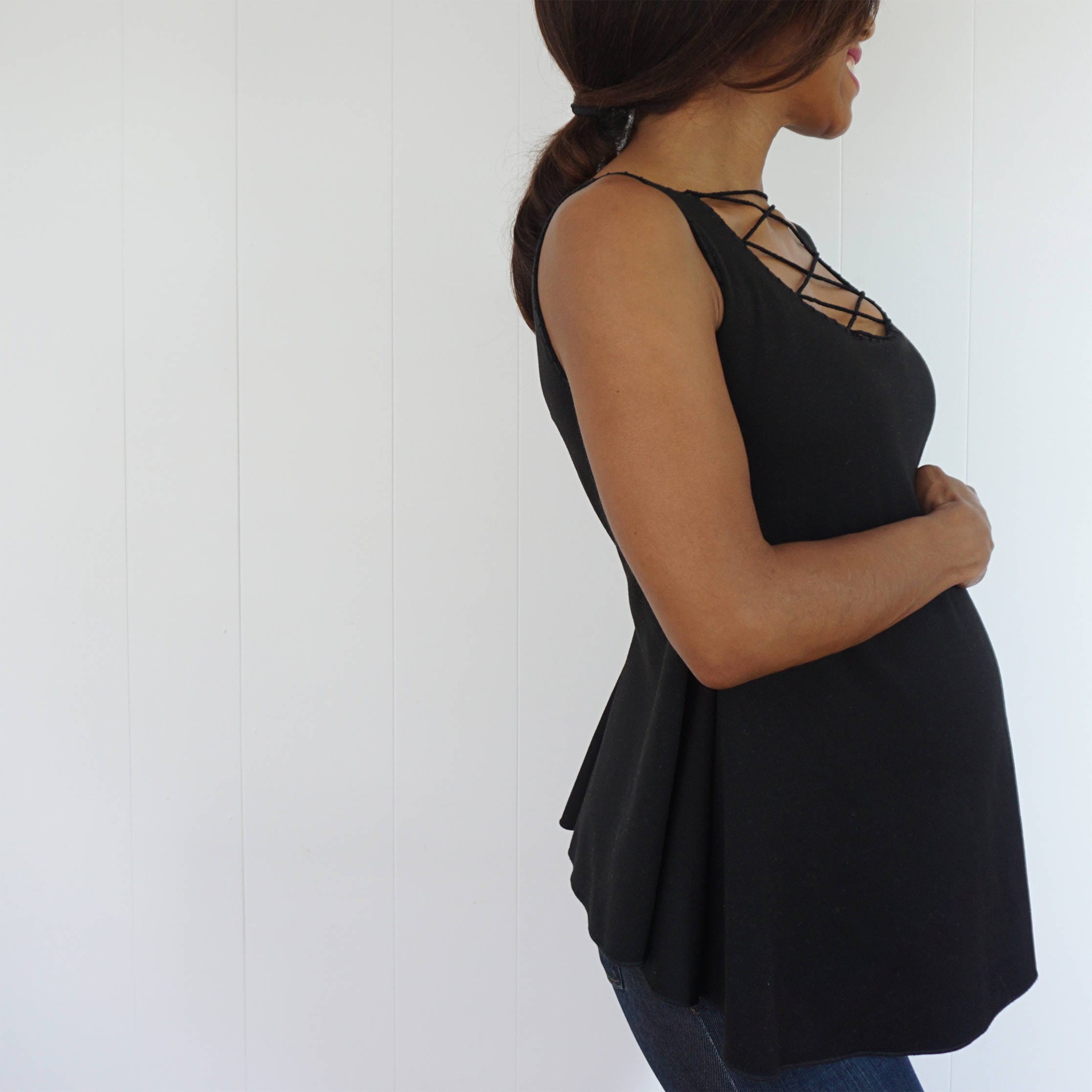 Sleeveless Maternity Top With Lace up Front - Black Boho Lace up Top ...