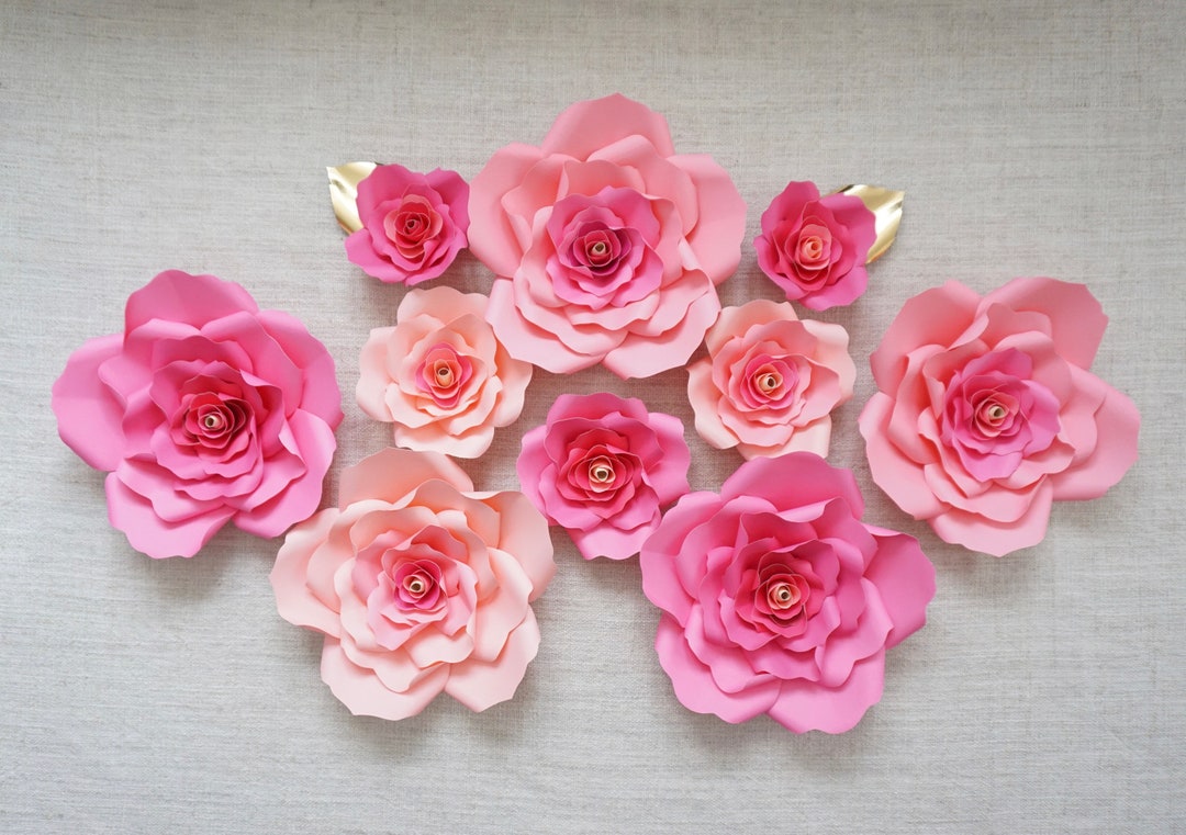 Pink Paper Flower Set - Pink Paper Roses With Gold Detail - Floral ...