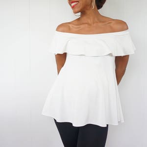 White off Shoulder Top With Ruffle Detail - White Shirt With Ruffle ...