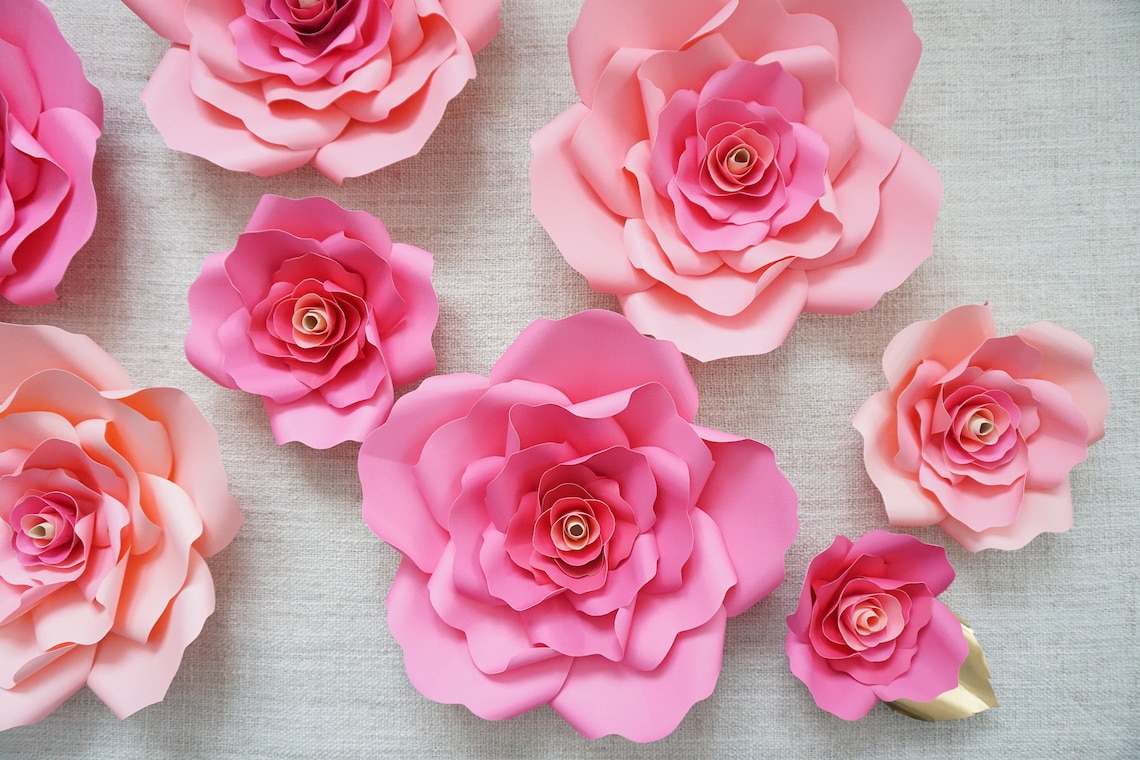 Pink Paper Flower Set Pink Paper Roses With Gold Detail - Etsy