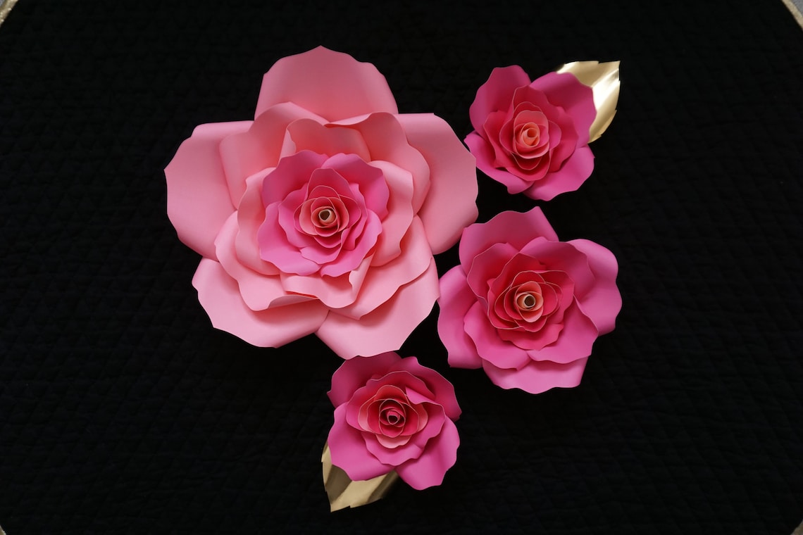 Pink Paper Flower Set Pink Paper Roses With Gold Detail - Etsy