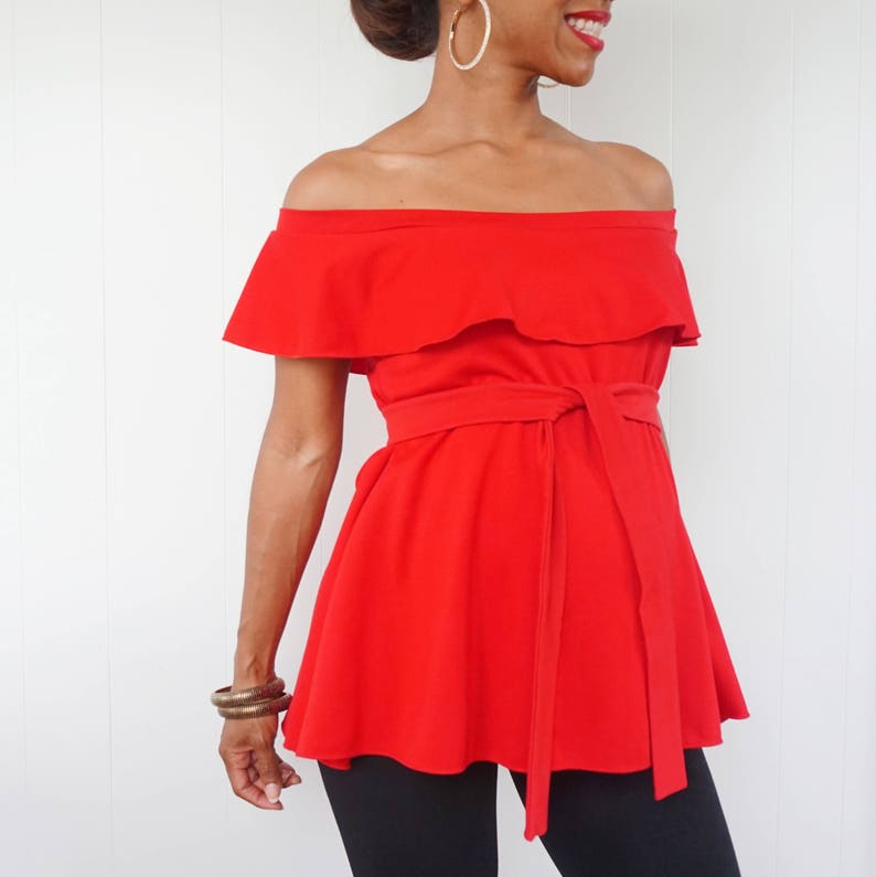 Maternity Tops - Red off Shoulder Top With Ruffle Detail - Red Top With ...