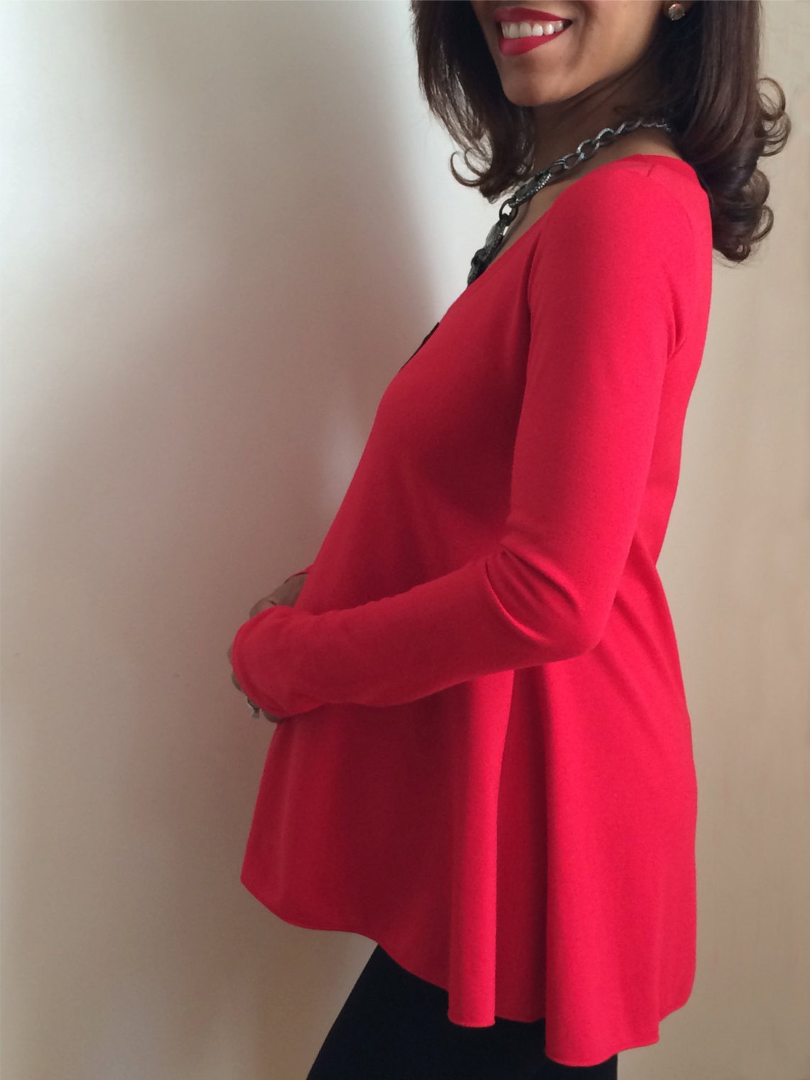 Red Maternity Top With Heart - Long Sleeve Top - Scoop Neck Maternity ...