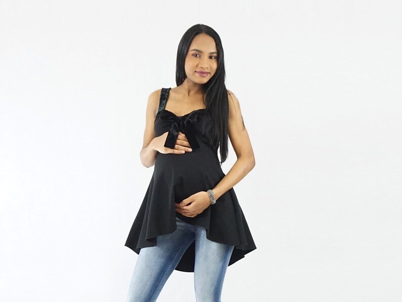 Black Swing Top With Velvet Bow Detail - Maternity-friendly Dressy ...