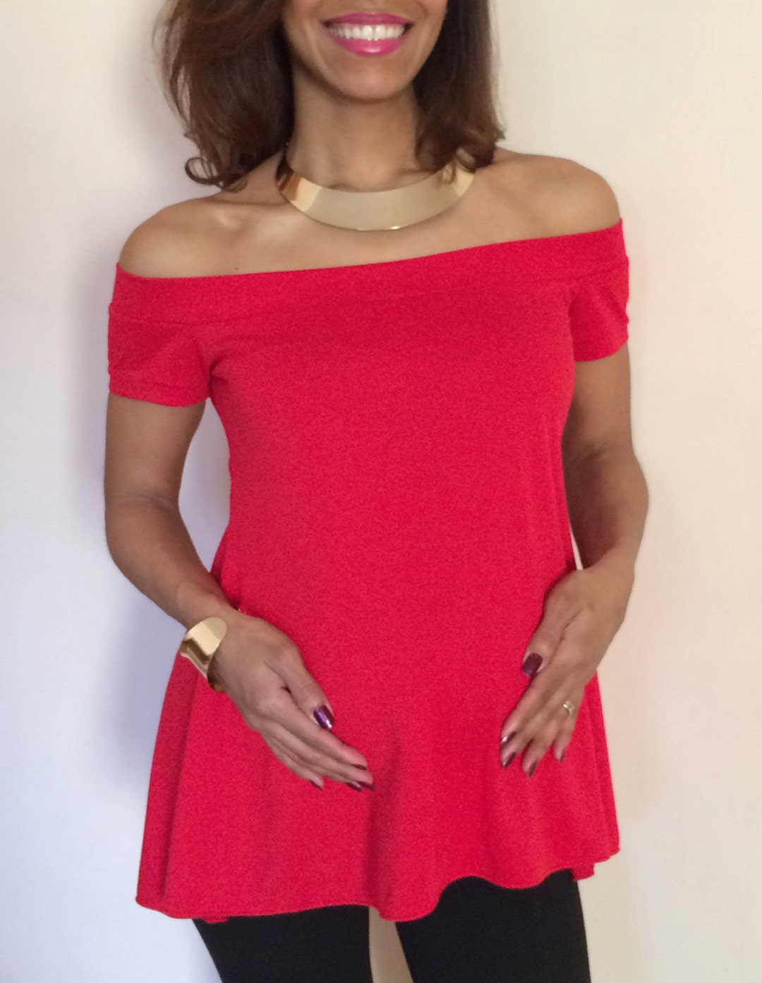 Off the Shoulder Maternity Top - Red Short Sleeve Top - Red Knit Shirt ...