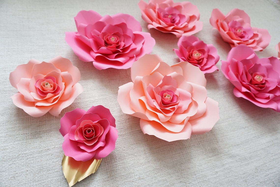 Pink Paper Flower Set Pink Paper Roses With Gold Detail - Etsy