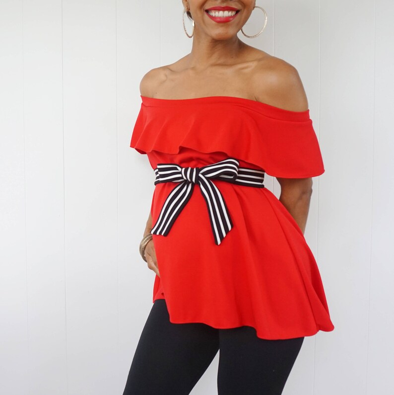 Maternity Tops - Red off Shoulder Top With Ruffle Detail - Red Top With ...