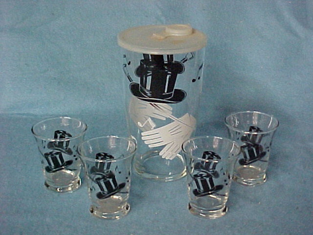 Cocktail Shaker Set Glass Top Hat With 4 Glasses by Libbey Vintage Art ...
