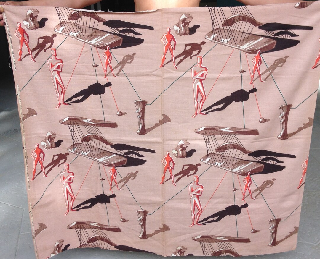 Dimension - A Silver Quill Barkcloth Fabric Standing Men and Abstract ...