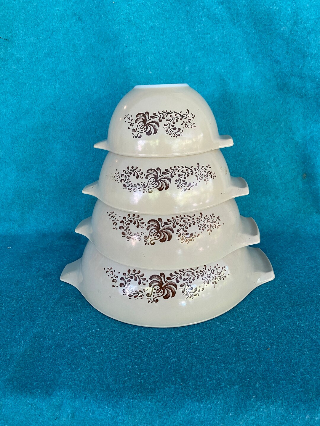 Pyrex Glass Mixing Bowl Set Cinderella Homestead 4 Piece Brown on Tan ...