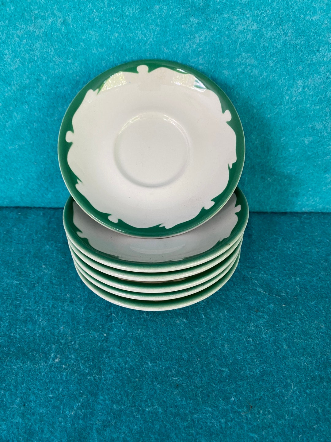 Buffalo China Restaurant Ware Pottery Green Crest Wave Set of 6 Saucers ...