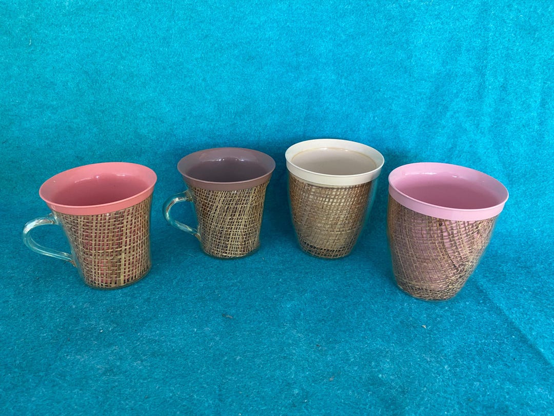 Raffia Ware Melamine Burlap Straw Set of 4 Insulated Mugs; 2 Handled ...