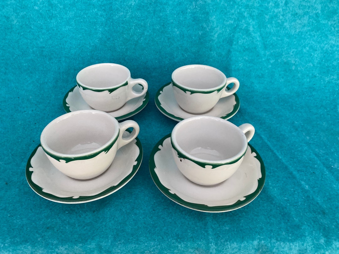 Buffalo China Restaurant Ware Pottery Green Crest Wave Set of 4 Cups ...