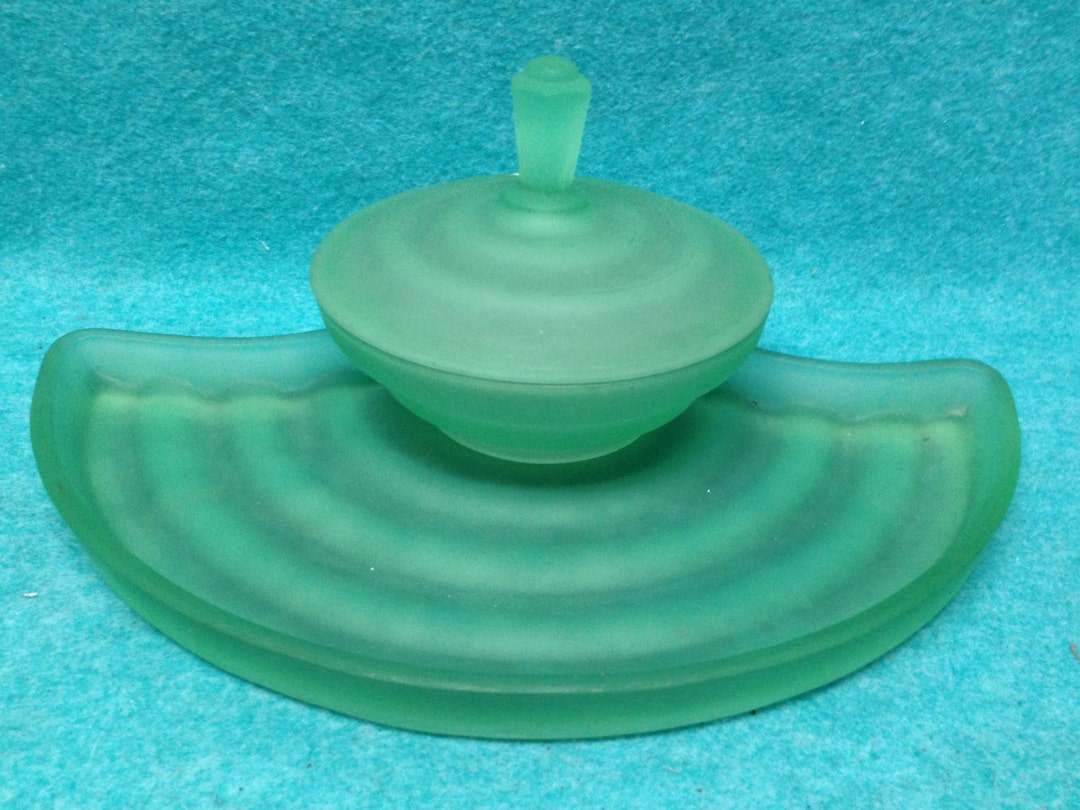 Powder Jar English Green Glass With Tray Art Deco - Etsy