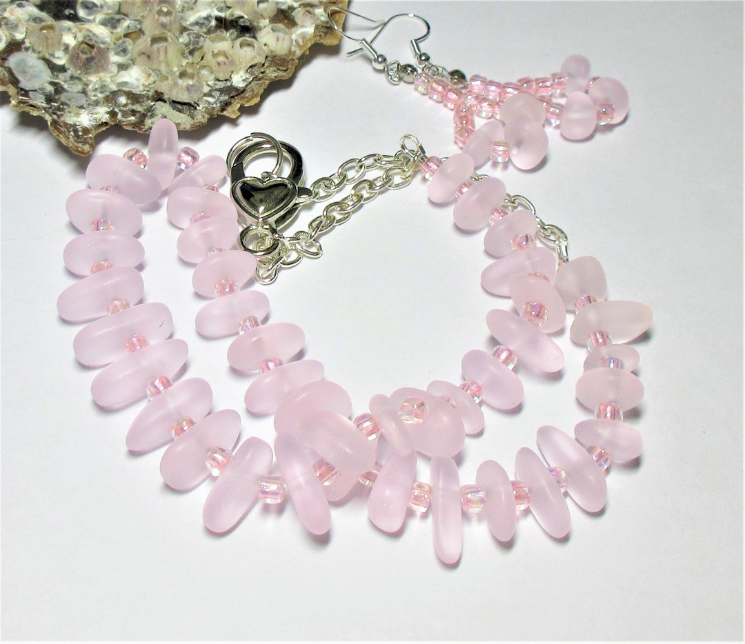 Pink Sea Glass Necklace Set, Necklace and Earrings, Pink Beach Jewelry ...