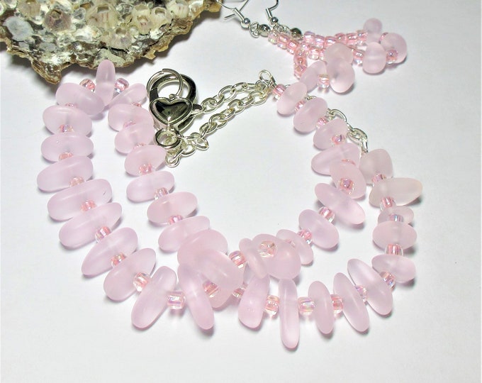 Pink Sea Glass Necklace Set, Necklace and Earrings, Pink Beach Jewelry ...
