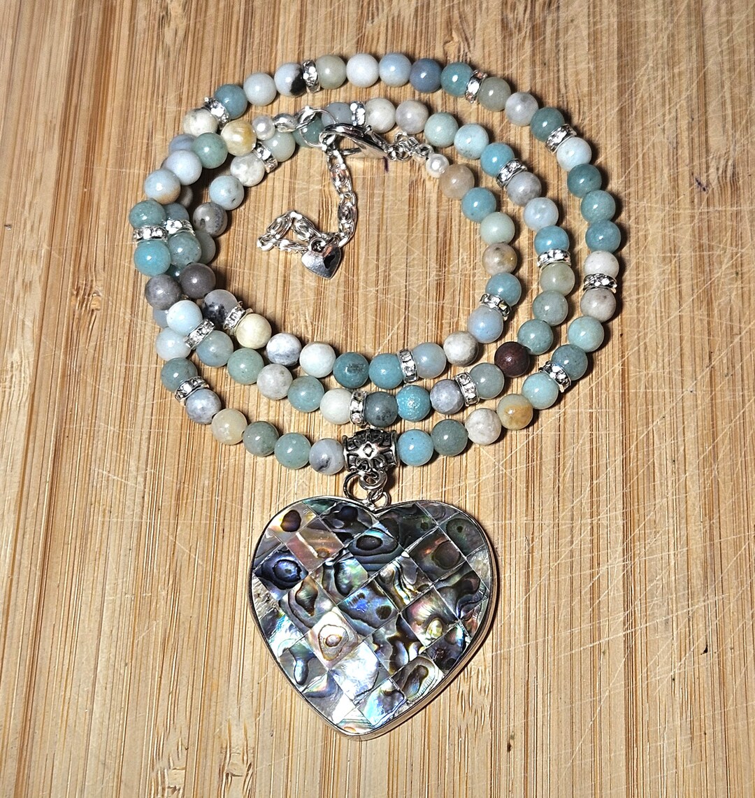 Abalone Heart Pendant Necklace, Amazonite Beads, Gift for Woman, Girl ...