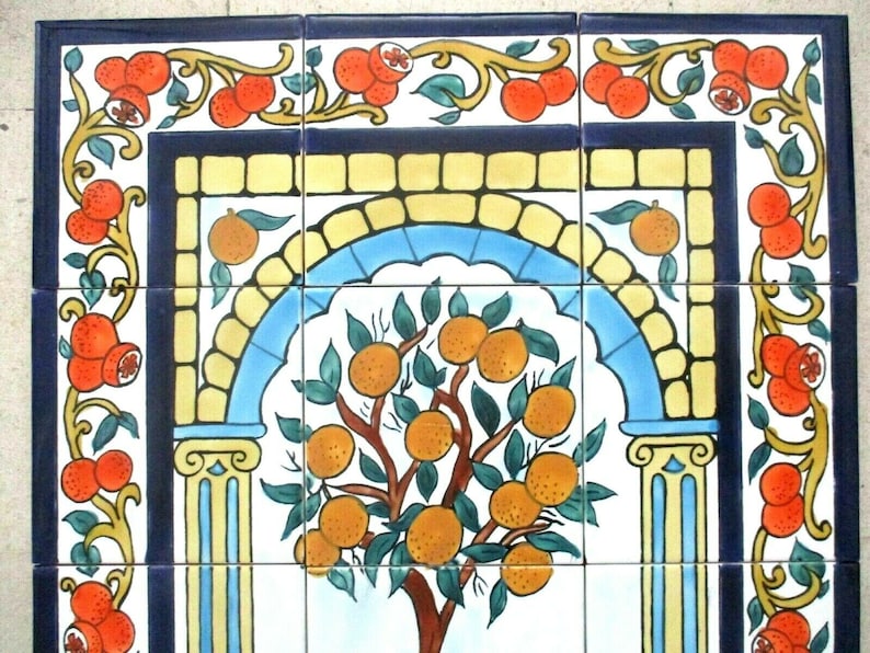 Hand Painted Ceramic Tile Art Mosaic Wall Mural Citrus Orange Tree ...