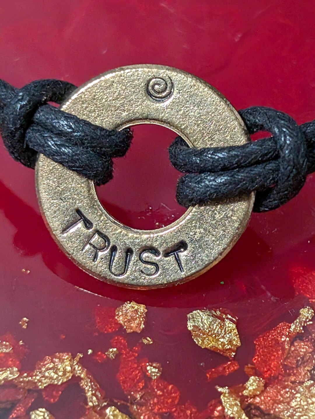 TRUST Antique Bronze Washer Bracelet With Black Sliding Knot Cord. Hand ...
