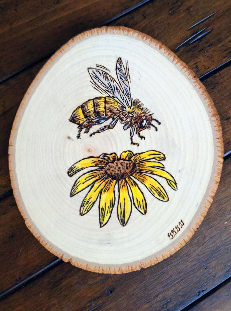 Honey Bee and Sunflower. Woodburned, Pyrography Art. - Etsy